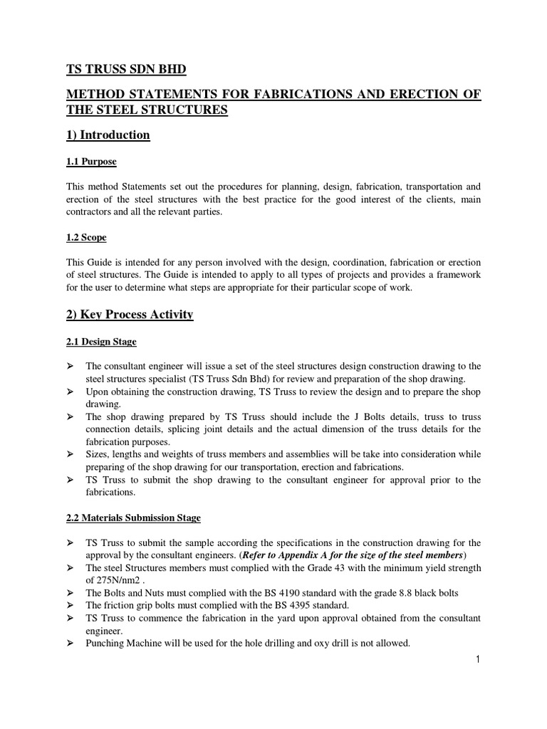 Method Statement of Steel Structures (TS TRUSS SDN BHD) | PDF | Crane ...