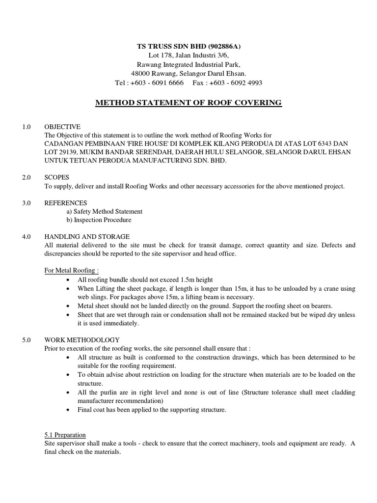 Roofing Works Method Statement | PDF | Occupational Safety And Health ...