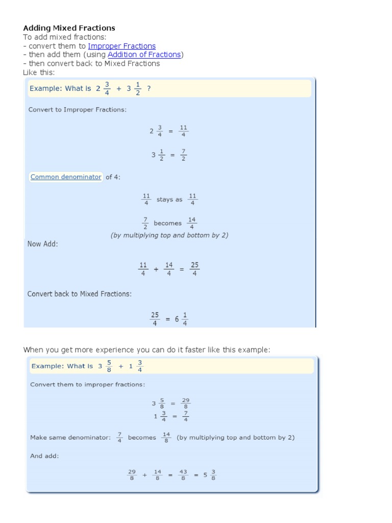 Adding and Subtracting Improper Fractions | PDF