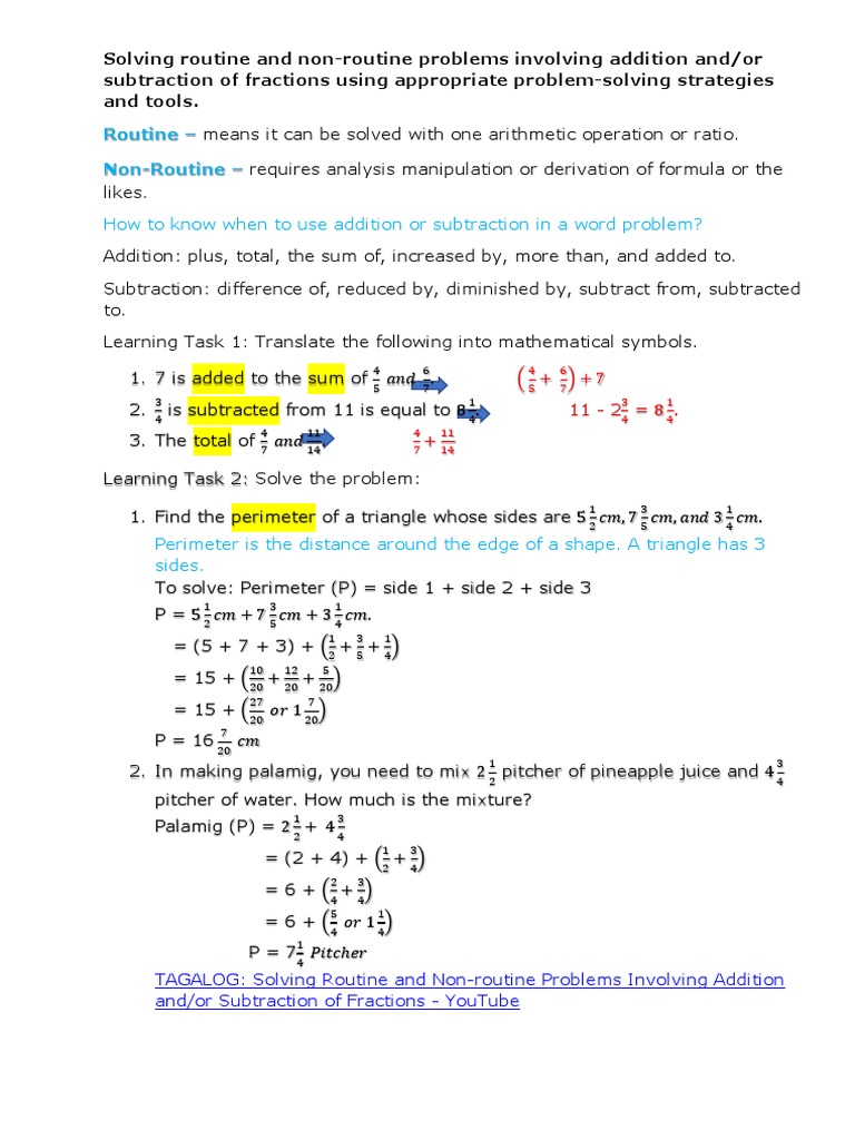Word Problems Addition and Subtraction of Fractions | PDF | Mathematics ...