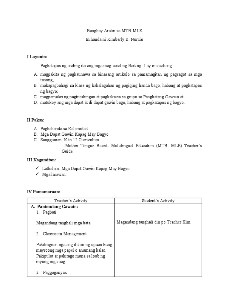 Banghay Aralin Sa MTB Final Demo | PDF