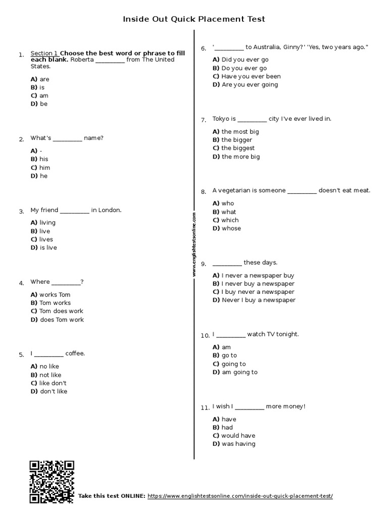 697 Inside Out Quick Placement Test Englishtestsonline - Com) Jawaban | PDF