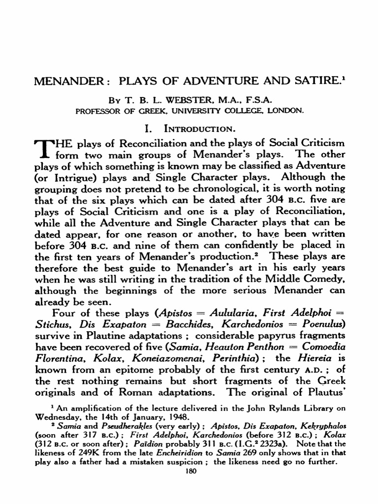 Menander: Plays of Adventure and Satire.1 | PDF