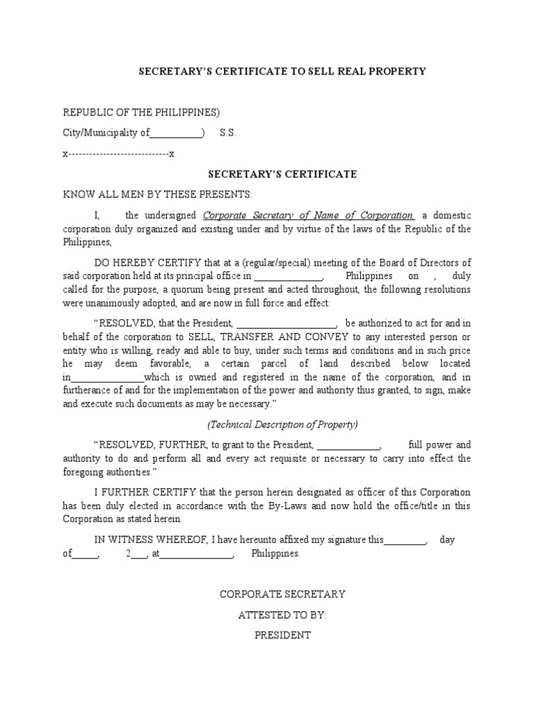 Secretary's certificate for property sale | PDF