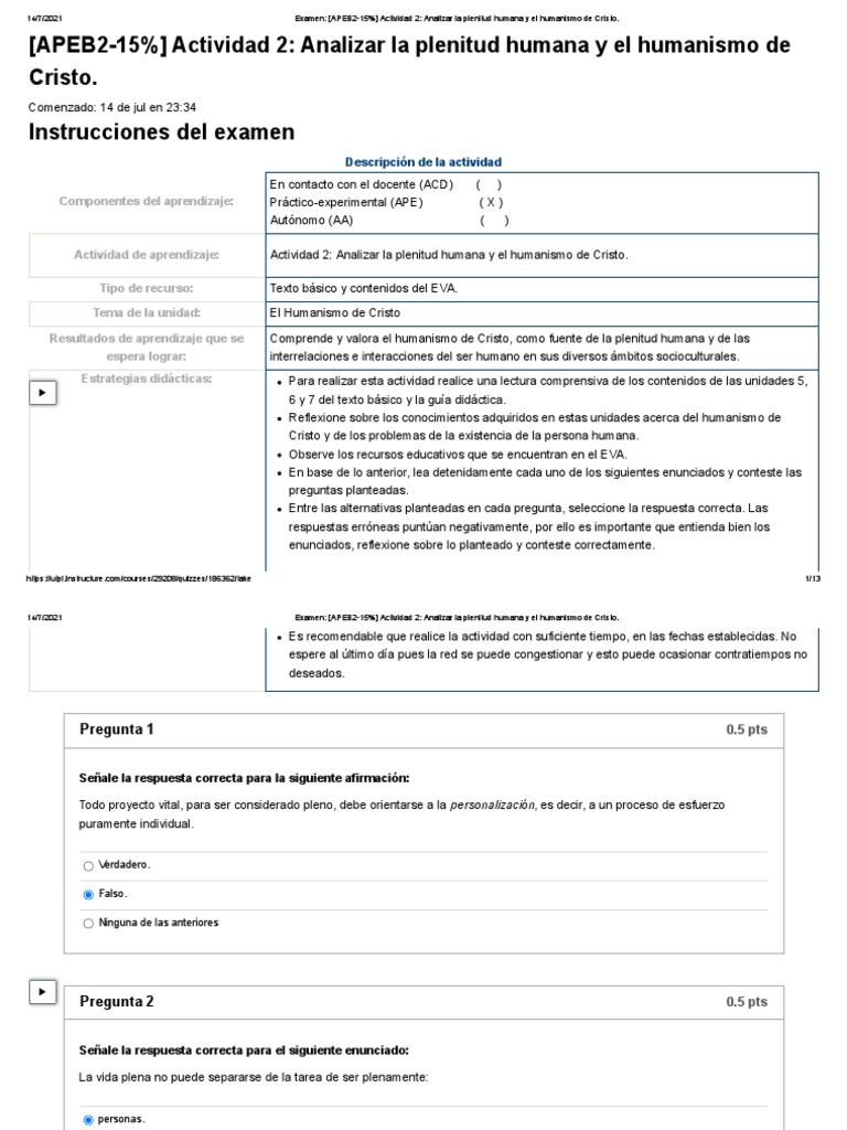 Examen - (APEB2-15%) Actividad 2 - Analizar La Plenitud Humana y El Humanismo de Cristo | PDF ...