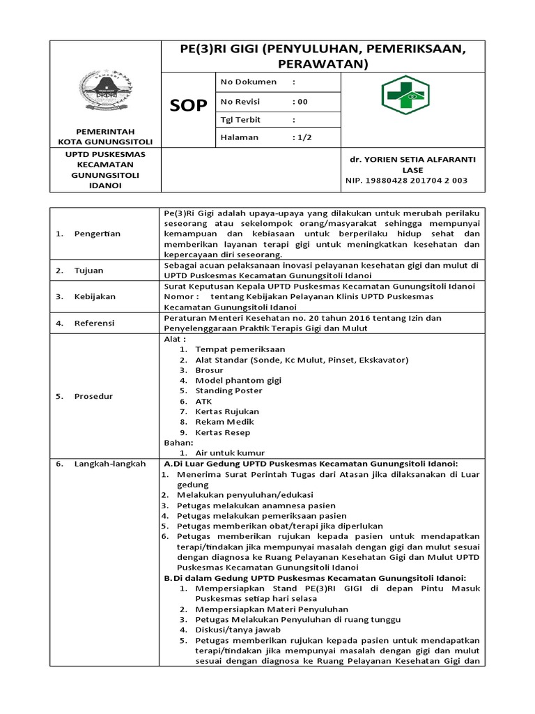 SOP Pelayanan PE(3)RI Gigi Gunungsitoli | PDF | Sains & Matematika