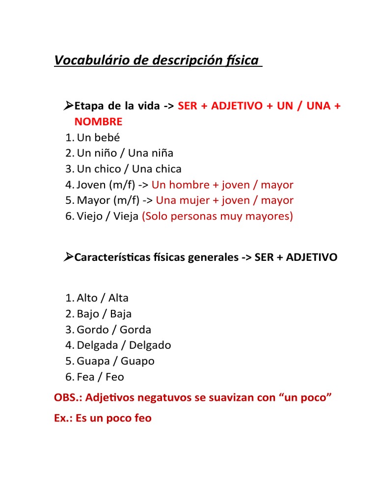Vocabulario de Descripción Física | PDF | Artes del Lenguaje y ...
