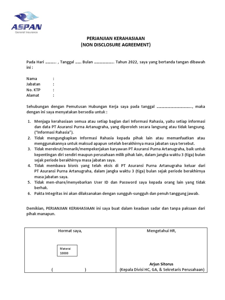 Perjanjian Kerahasiaan Karyawan | PDF