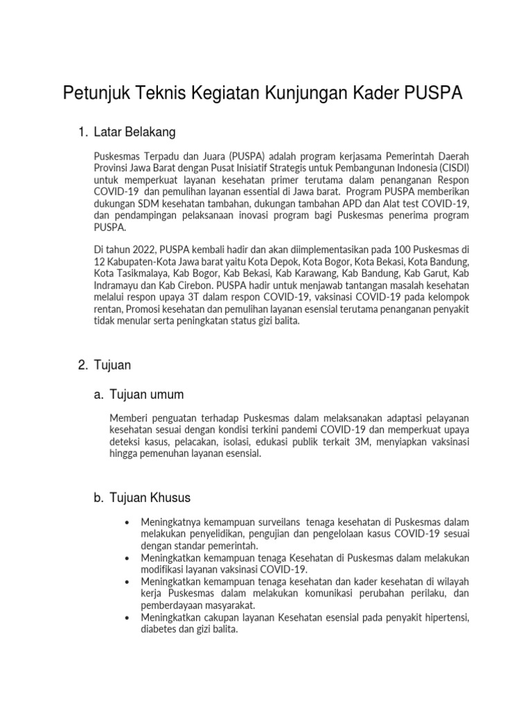 Petunjuk Teknis Kegiatan Kader PUSPA | PDF