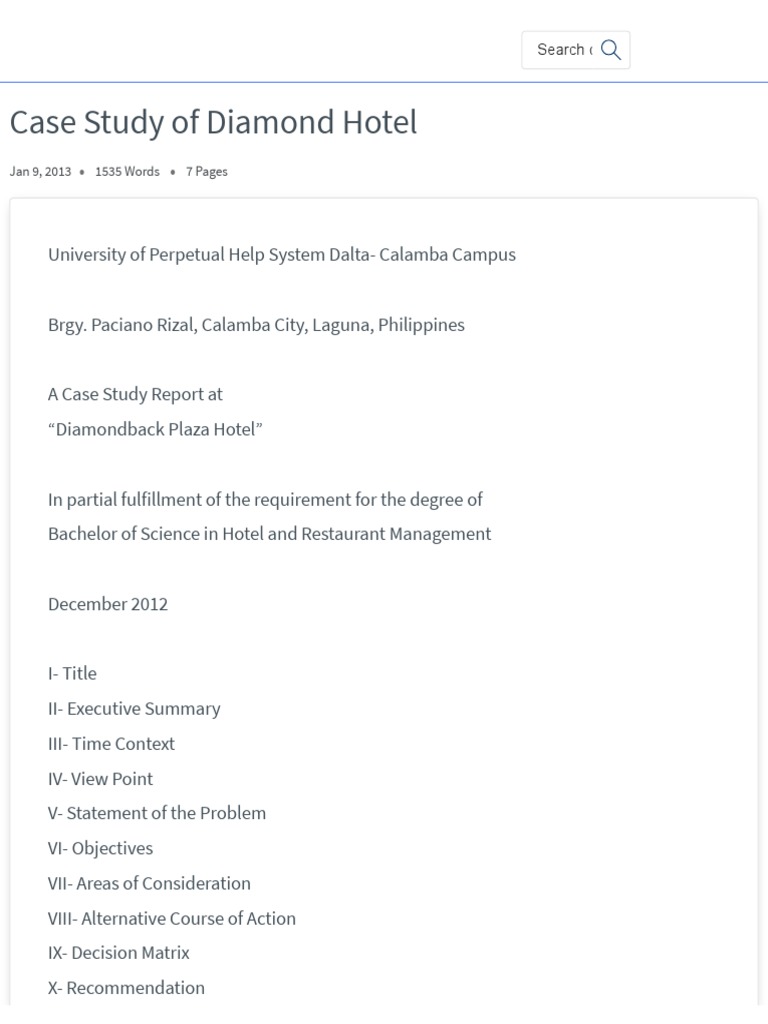 Case Study of Diamond Hotel - Bartleby | PDF | Hotel | Marketing
