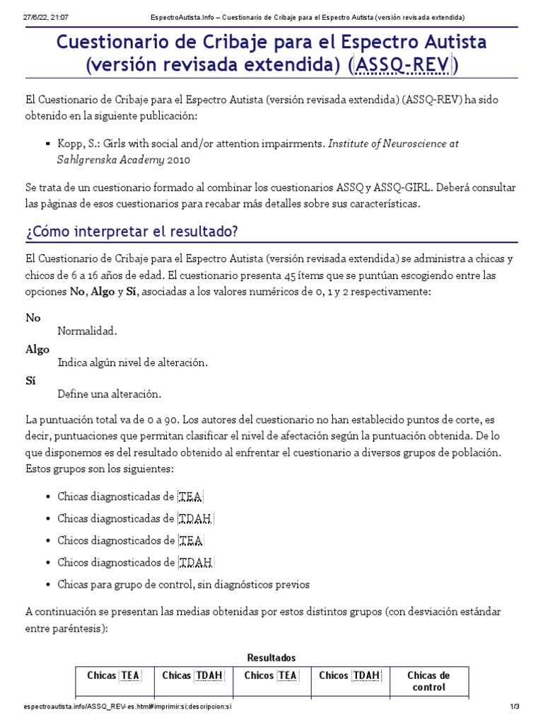Assq Rev | PDF | Espectro autista | Cognición