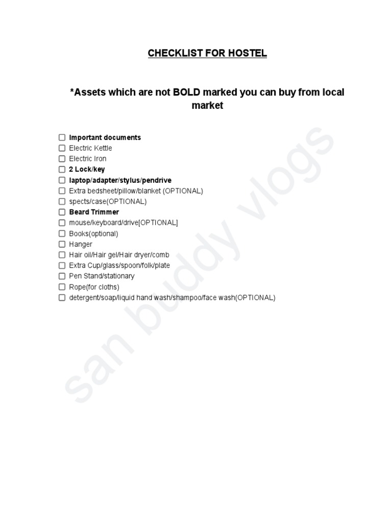 Yv Log S: Checklist For Hostel | PDF