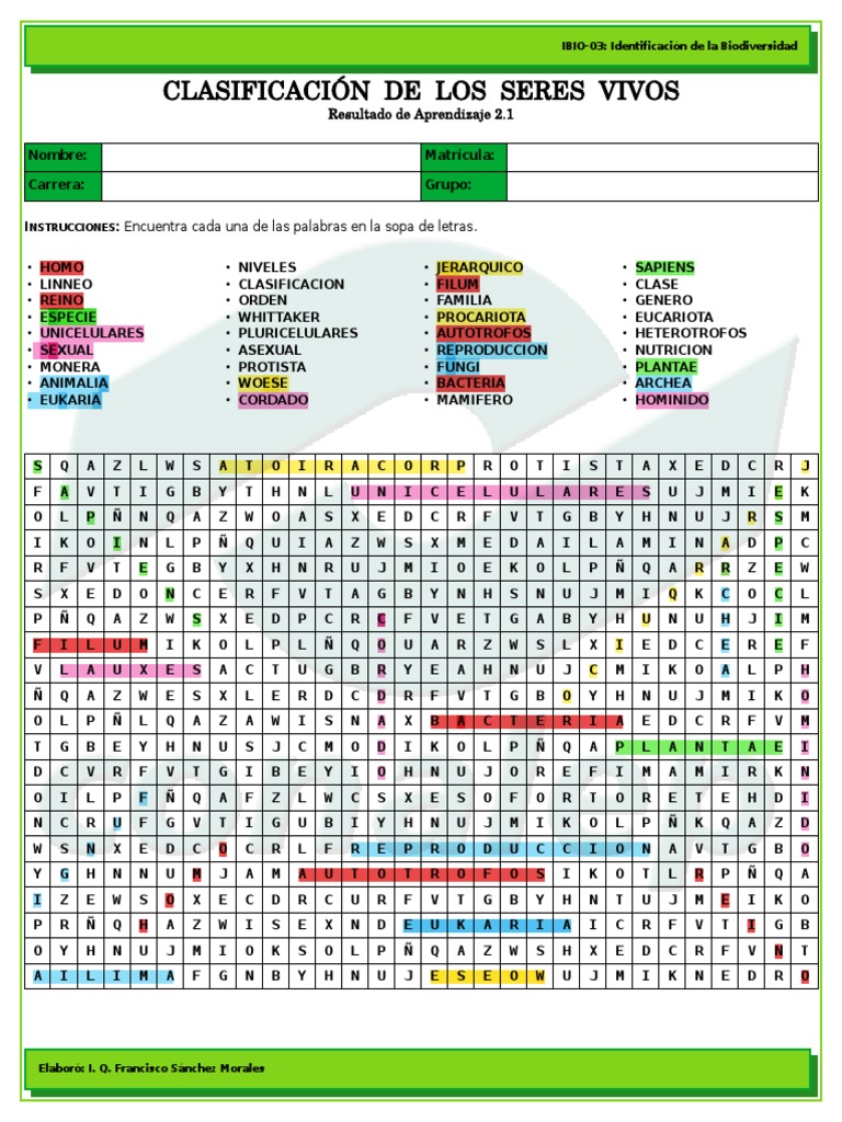 Clasificación de Seres Vivos: Sopa de Letras | PDF | Microorganismo ...