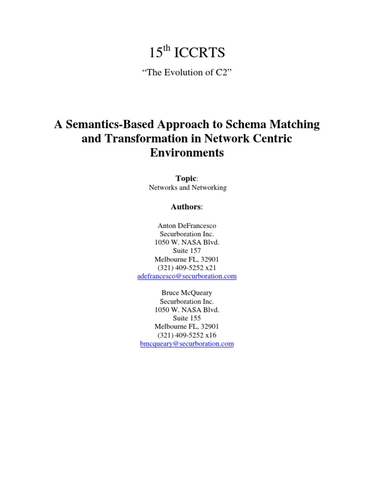 15 Iccrts: A Semantics-Based Approach To Schema Matching and Transformation in Network Centric ...