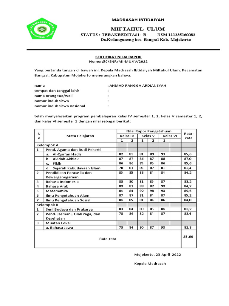 9 Sertifikat Nilai Rapor MI SIAP PRINT | PDF