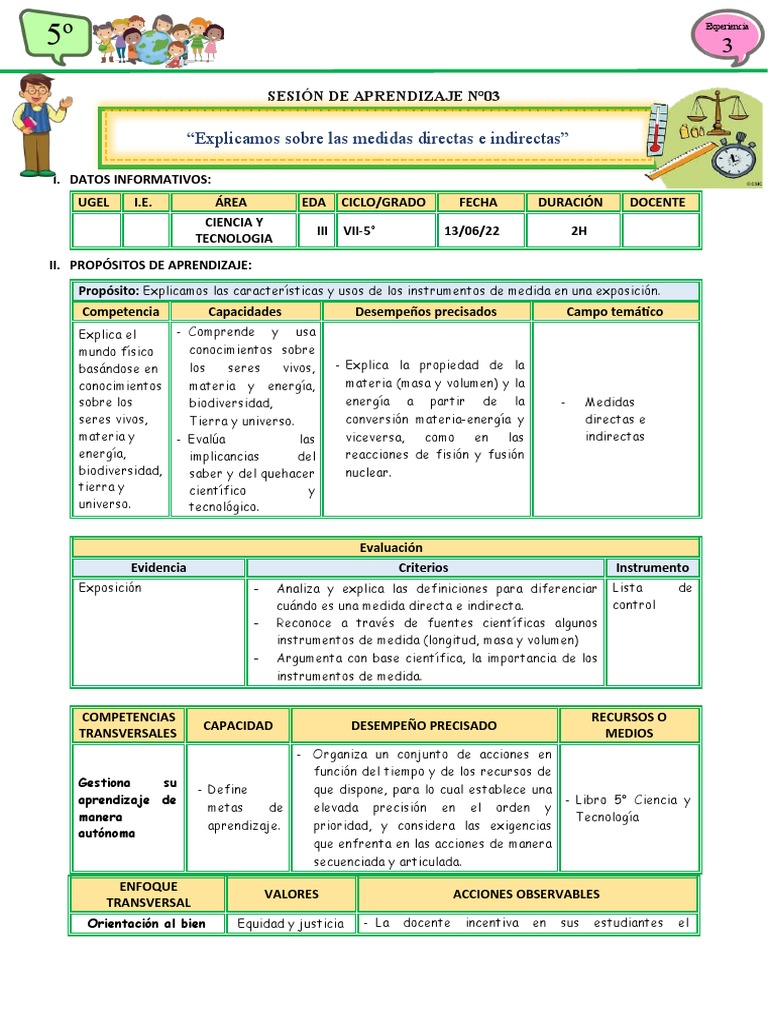 5° SESIÓN DE APRENDIZAJE SESIÓN.3-SEM.2-EXP.3-CYT - Medidas Directas e Indirectas | PDF ...