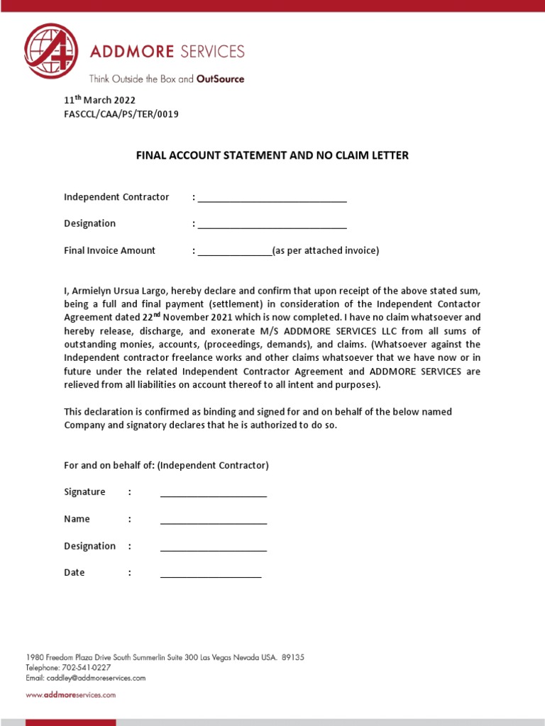Final Account Statement and No Claim Letter-0019 | PDF