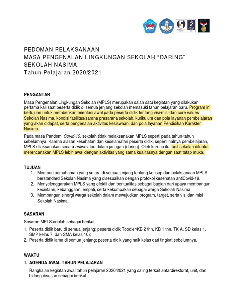 Pedoman Mpls Daring Sekolah Nasima 2020-2021 | PDF