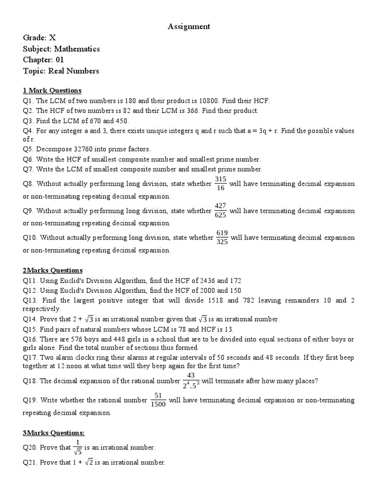 Assignment Grade: X Subject: Mathematics Topic: Real Numbers | PDF ...