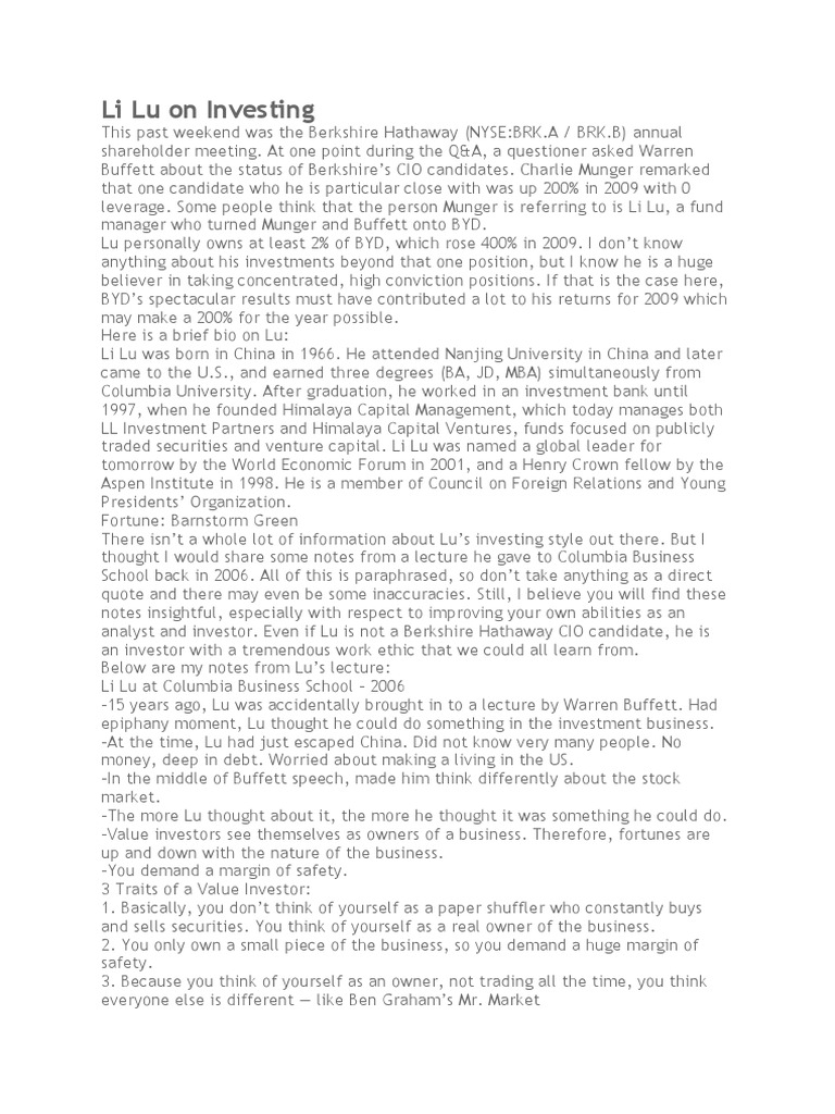 Li Lu On Investing 2010 | PDF | Value Investing | Investing
