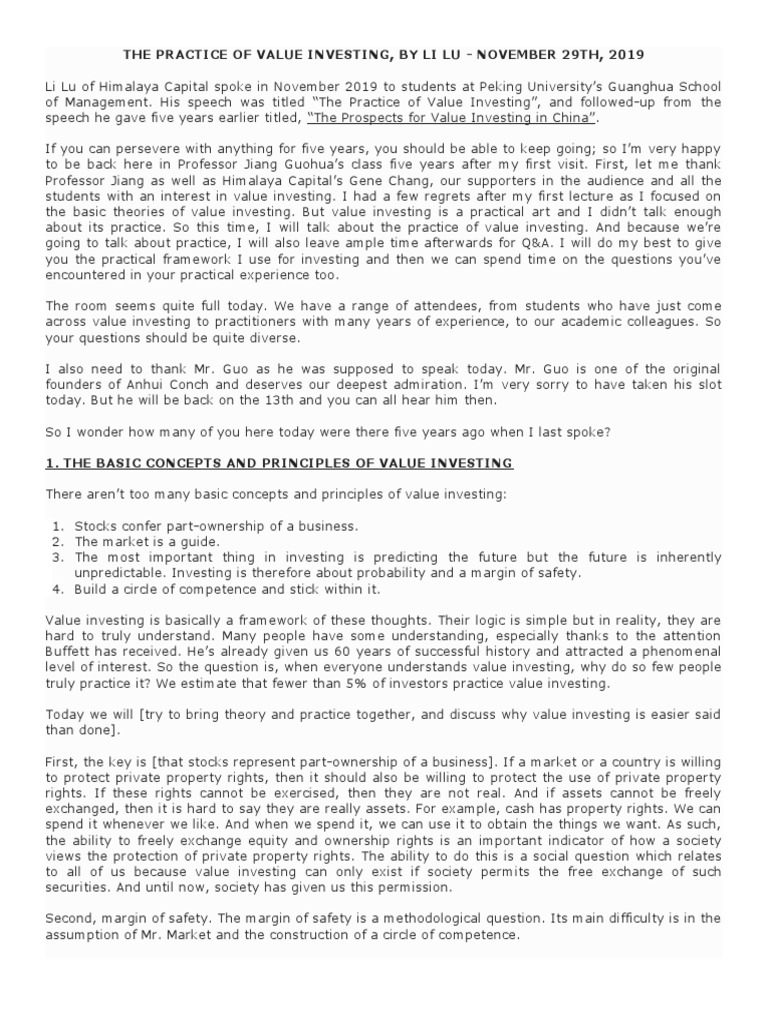 The Practice of Value Investing - Li Lu | PDF | Investor | Speculation