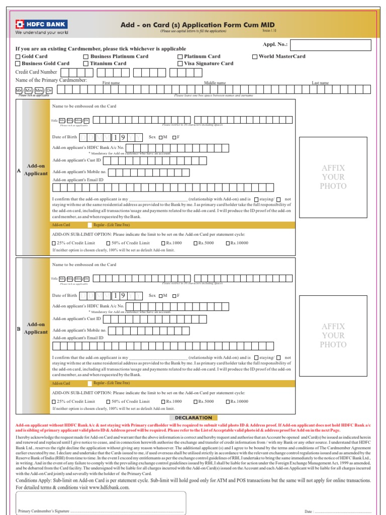 HDFC Bank Add-On Card Application Form and Acceptable ID Documentation ...