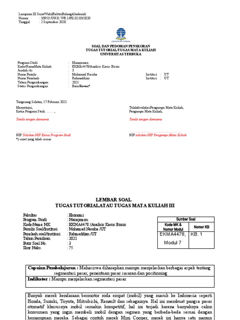 Soal dan Panduan Penskoring EKMA4478 | PDF | Karier & Perkembangan | Bisnis