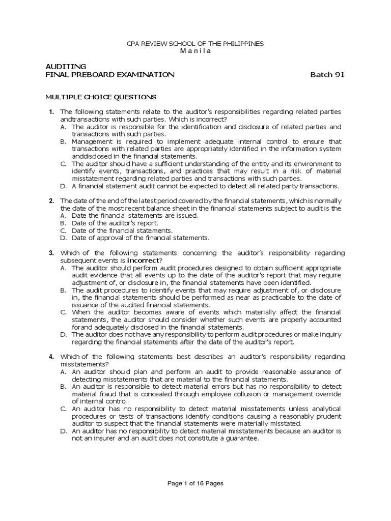 AUD Final Preboard Examination Questionnaire | PDF