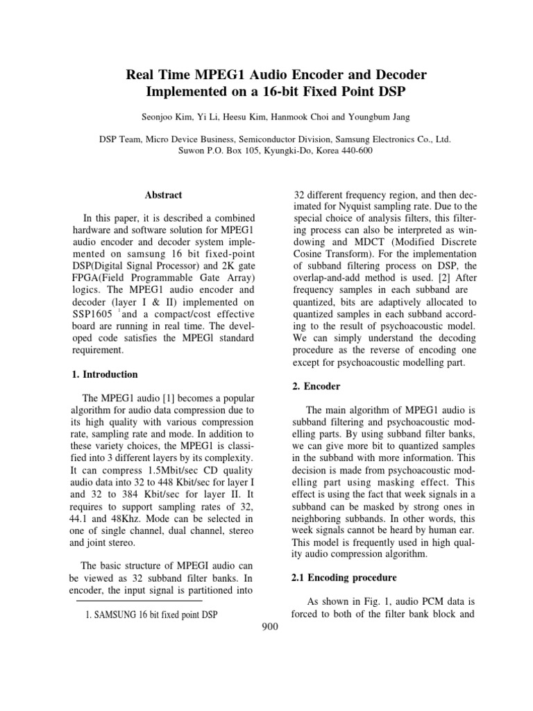 Real Time MPEG1 Audio Encoder and Decoder Implemented On A 16-Bit Fixed Point DSP | PDF ...