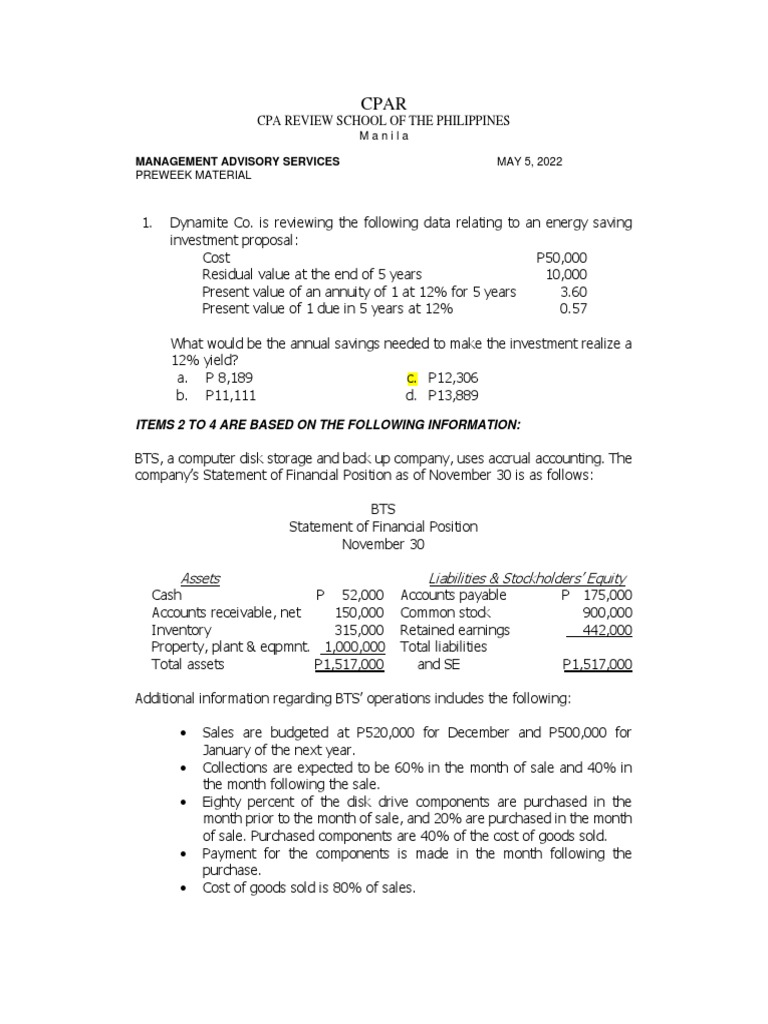 Manila MAY 5, 2022 Preweek Material: Management Advisory Services | PDF | Balance Sheet ...