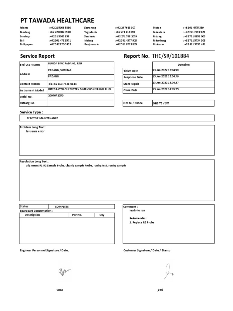 PT Tawada Healthcare: Service Report Report No. THC/SR/101884 | PDF