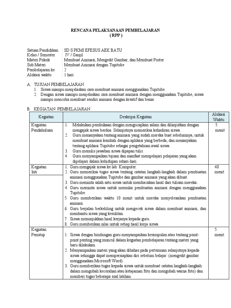 RPP Tik Kelas Iv Pert.2 | PDF