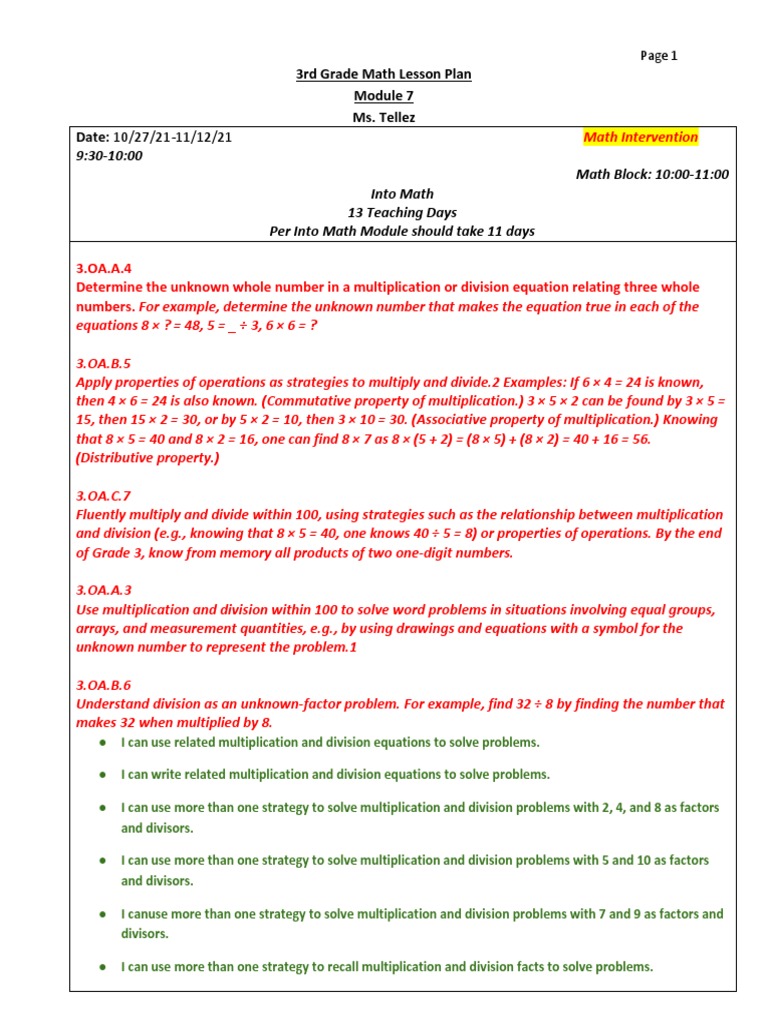 3rd Math Lesson Plan Oct | PDF | Multiplication | Educational Assessment