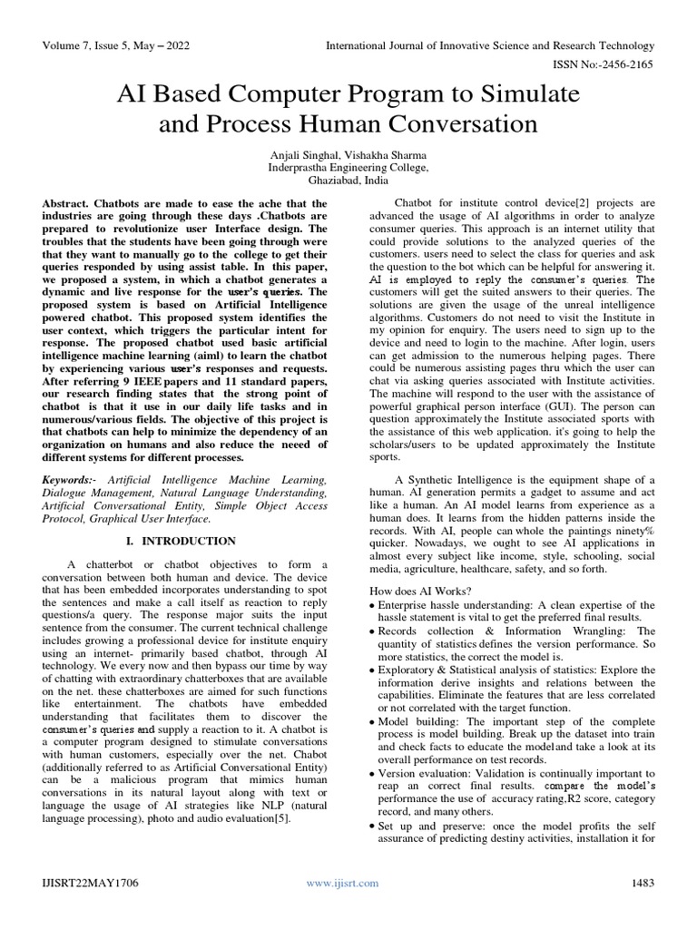 AI Based Computer Program To Simulate and Process Human Conversation | Download Free PDF ...