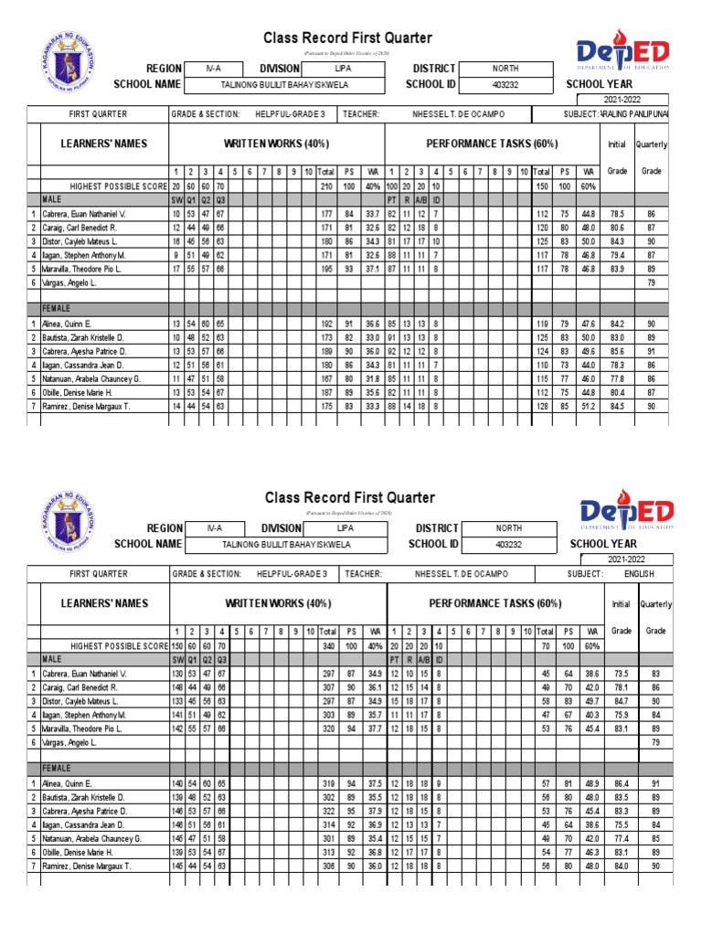 DepEd Class Record for Grade 3 Students in First Quarter | PDF