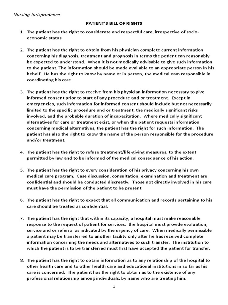 Patients Bill of Rights - Nursing Jurisprudence | PDF | Patient | Hospital