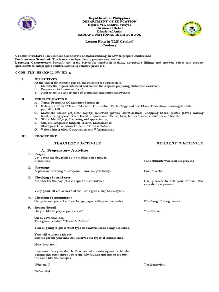 Lesson Plan in Cookery Clubhouse Sandwich | PDF | Lesson Plan | Cooking