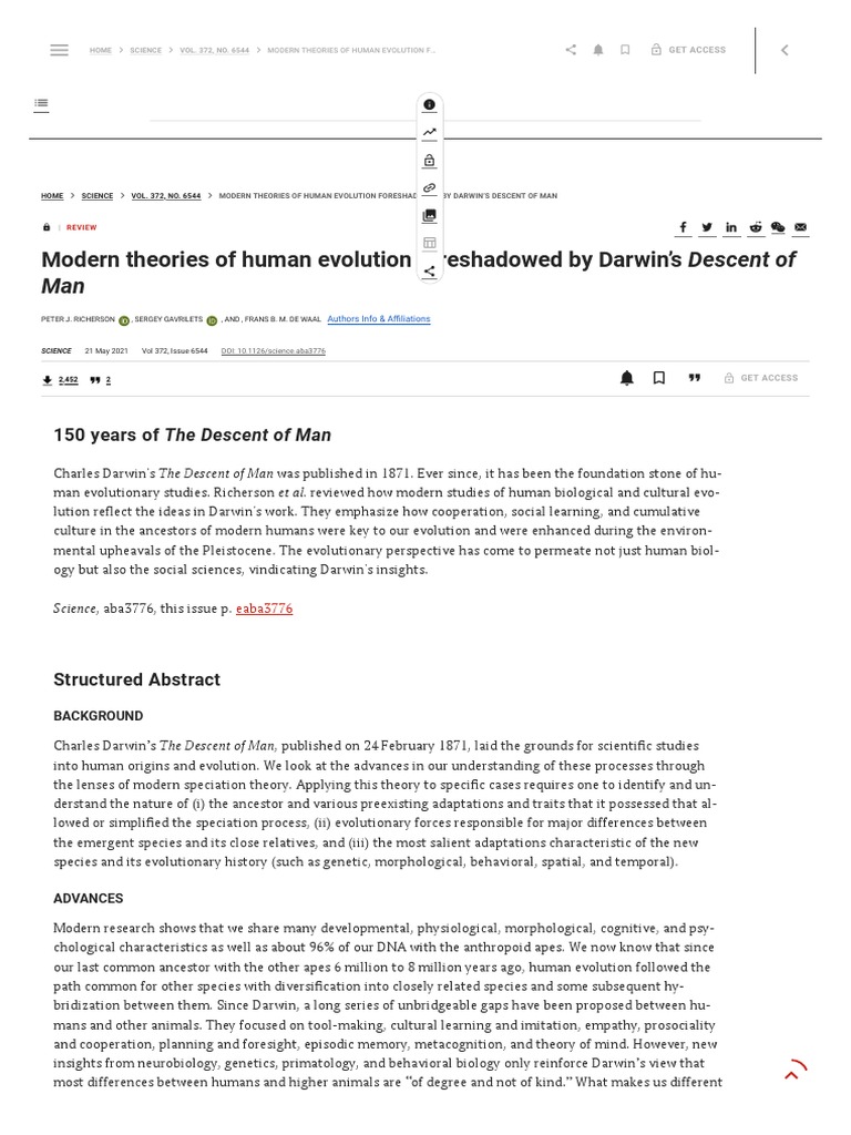 Modern Theories of Human Evolution Foreshadowed by Darwin's Descent of ...