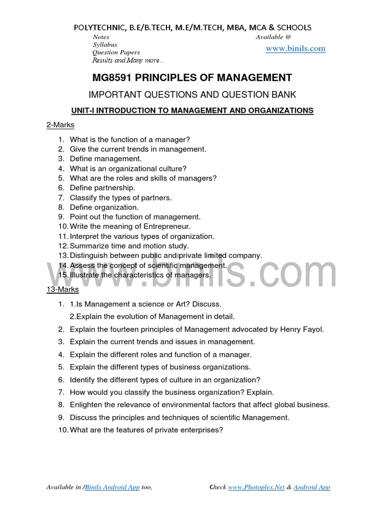 Principles of Management Question Bank | PDF | Decision Making ...