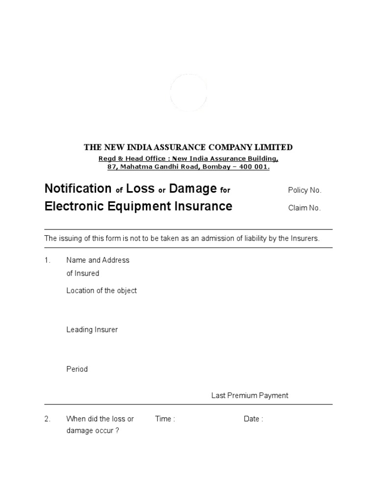Notification Loss Damage Electronic Equipment Insurance: The New India ...