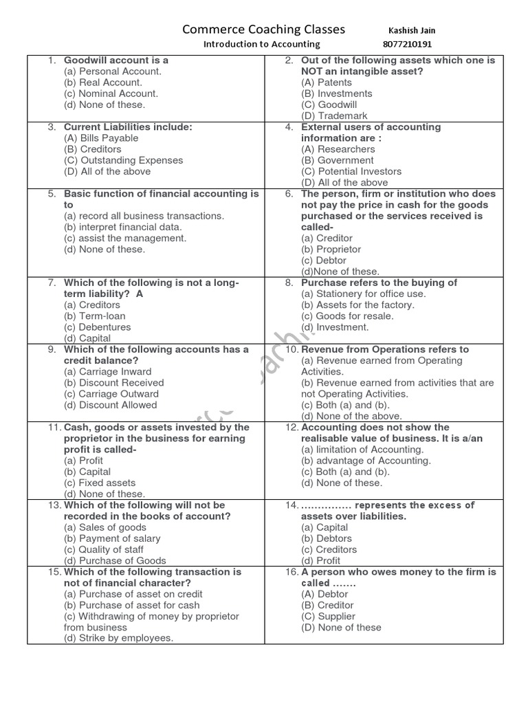 Class 11 MCQ Accountancy Unit 1 | PDF | Debits And Credits | Expense