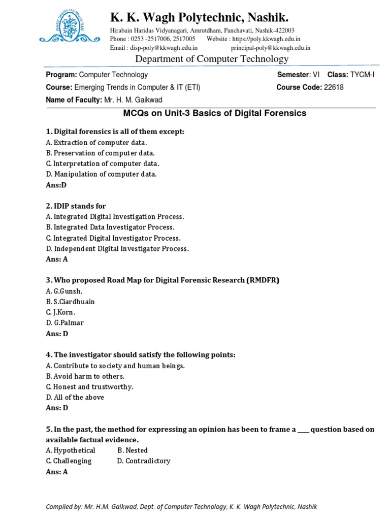 Unit-3 Digital Forensics MCQ Bank - HMG | PDF | Digital Forensics | Computer Forensics