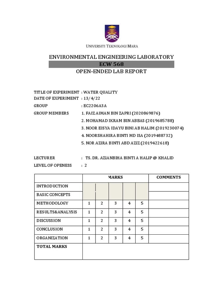 Environmental Engineering Laboratory Open-Ended Lab Report: Marks ...
