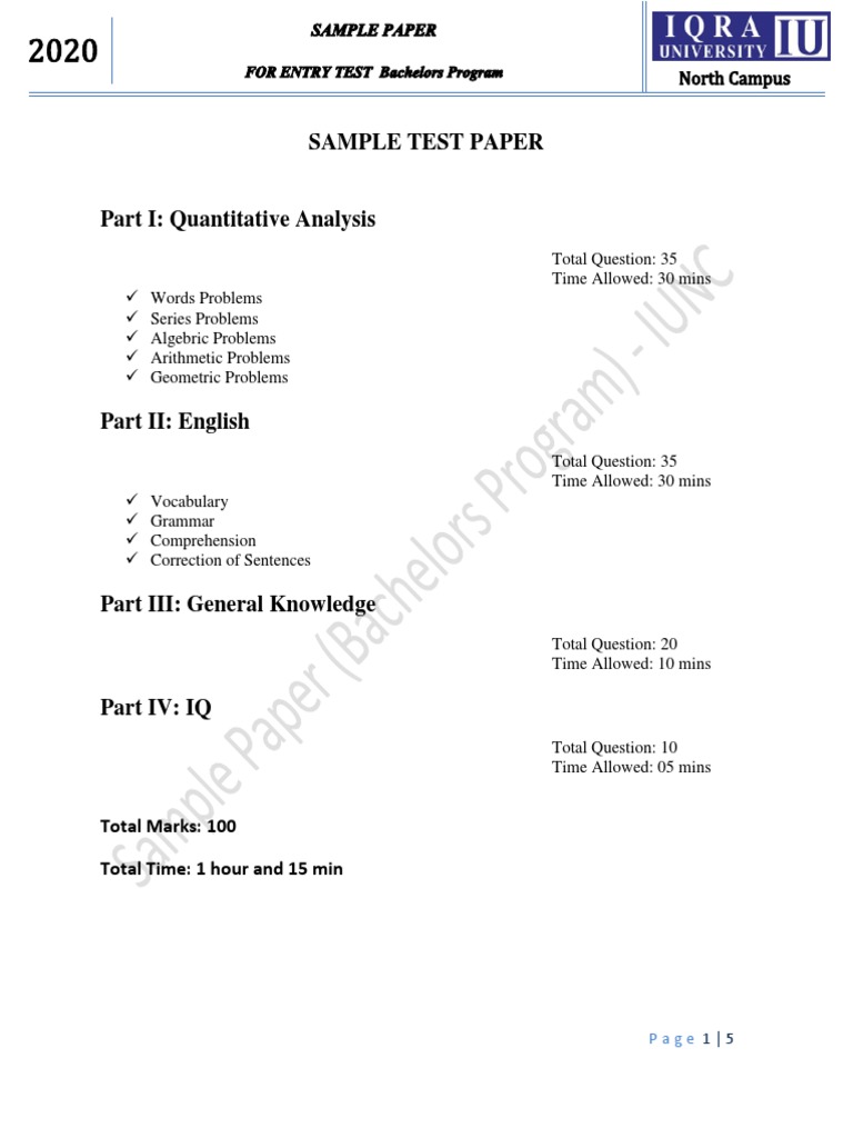 Sample Test Paper: Total Marks: 100 Total Time: 1 Hour and 15 Min | PDF ...