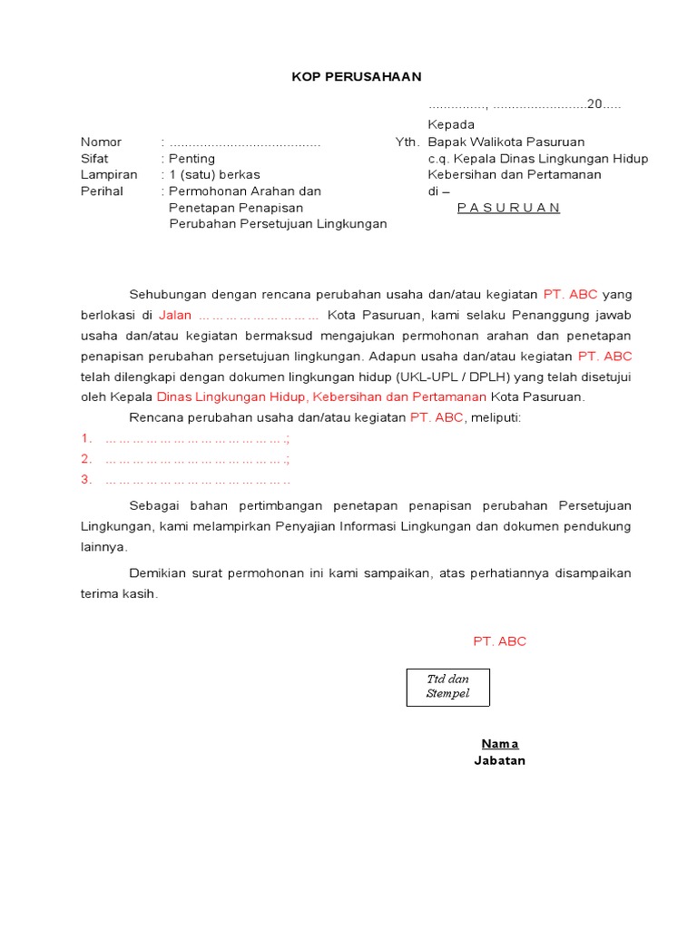 Surat Permohonan ARAHAN Perubahan Persetujuan Lingkungan | PDF