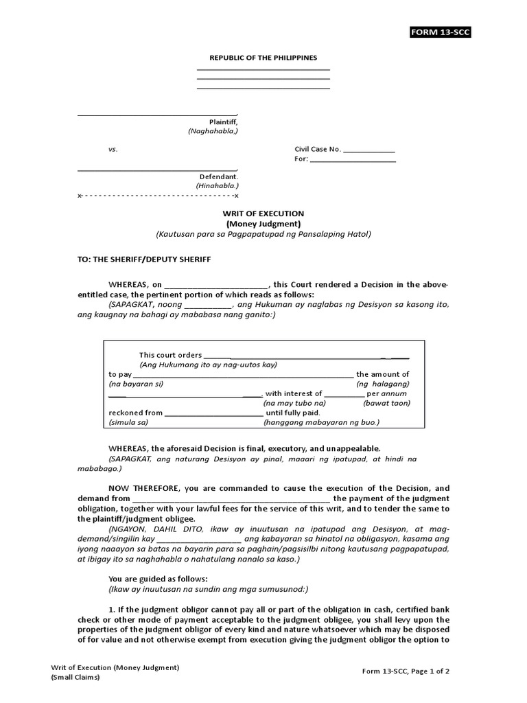 FORM 13 - SCC Writ of Execution Money Judgment | PDF