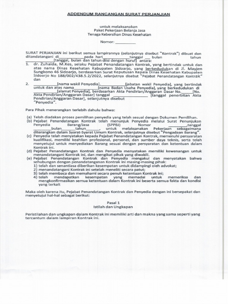 Addendum Rancangan Kontrak Cleaning Service Dinkes 2022 | PDF
