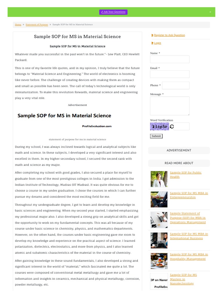 SOP Sample for MS in Material Science | PDF | Master Of Science | Physics