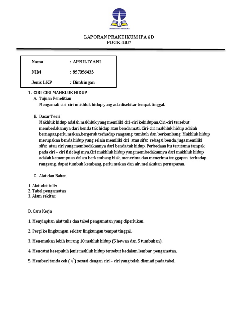 LKP 1 - Modul 1 Ciri-Ciri Makhluk Hidup - Apriliyani | PDF