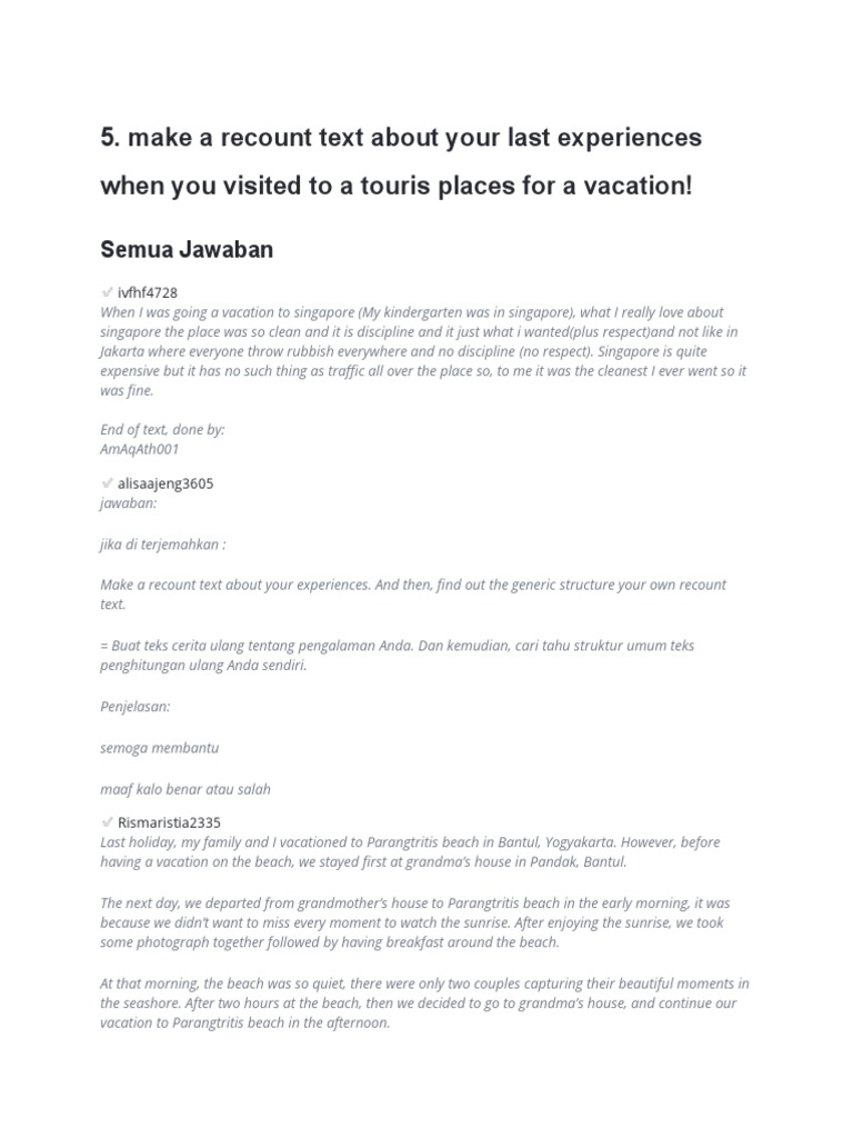 Make A Recount Text About Your Last Experiences When You Visited To A ...